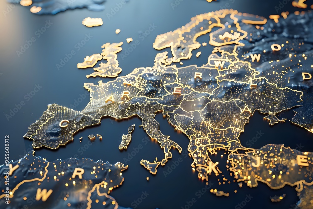 Illuminated Map of Europe with Geographical Details and City Highlights ...