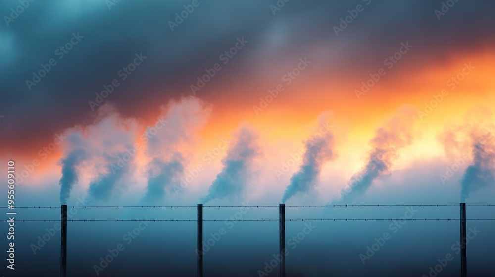 Thick columns of smoke rise from industrial chimneys against a striking ...