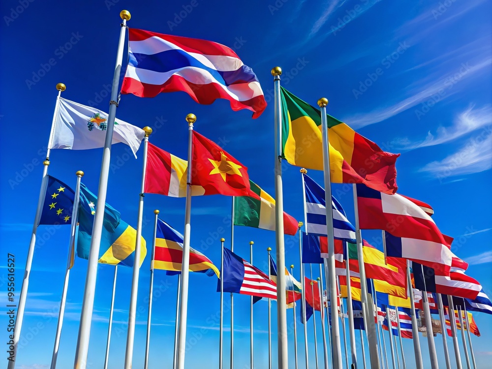 An Array Of Vibrant European Country Flags Flutter In The Wind Before A ...