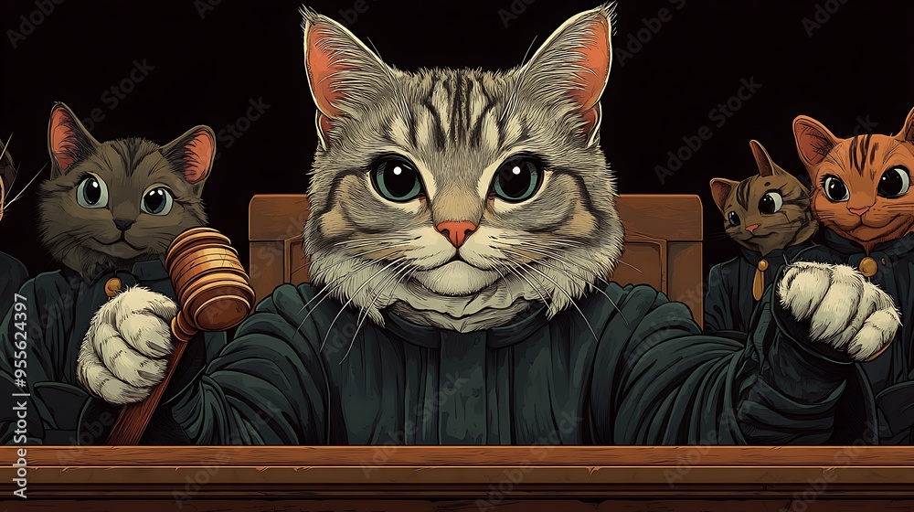 Cat Judge Presiding Over a Courtroom of Cats. Stock Illustration ...