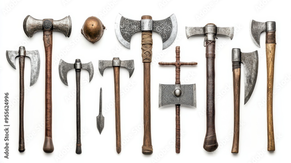 This display features an array of medieval weapons, including maces and ...