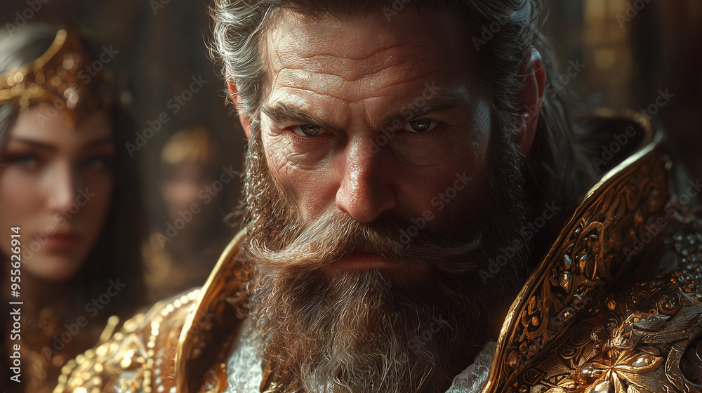 wise dwarf male with a golden crown and deep, focused eyes in an ornate ...