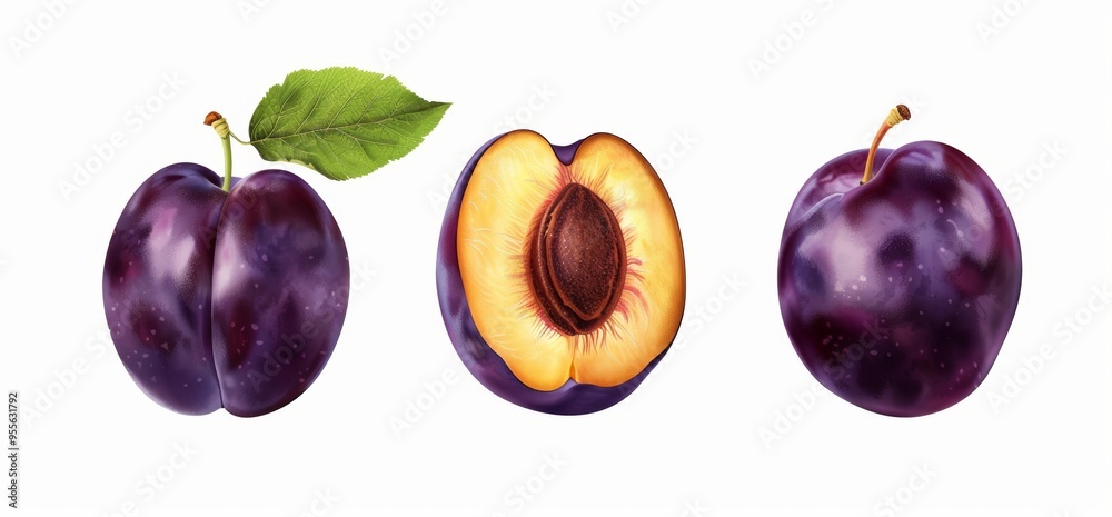 Isolated cut plum plums with and without leaf on white background ...