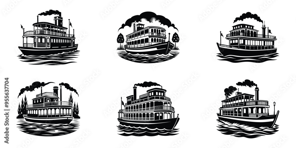 Poster Set of riverboat silhouette vector illustration – Wall Art ...