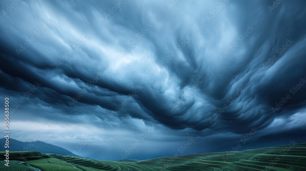 An evocative image depicting rolling storm clouds looming over wide ...