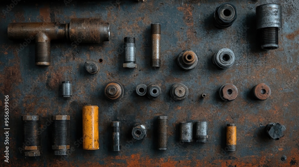 A collection of various rusty mechanical parts arranged on a distressed ...