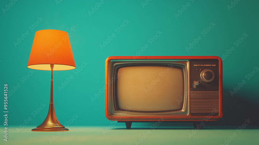 Analogowy telewizor z lat 70-tych, umieszczony na kolorowym tle, obok ...