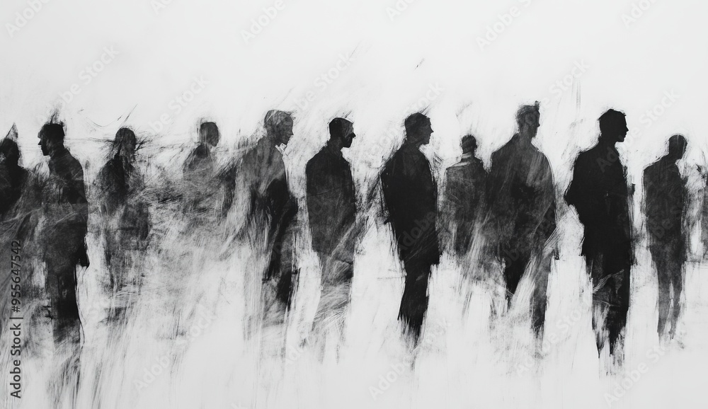Black and White Ink Drawing of People in Line with Abstract Double ...