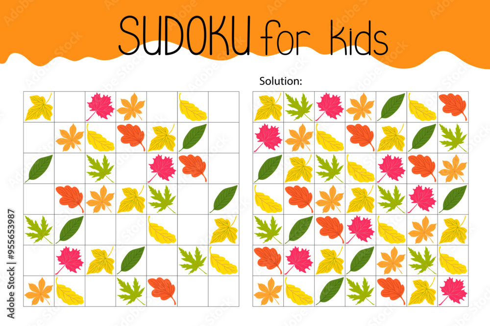 Sudoku autumn leaves educational game, leisure activity worksheet ...