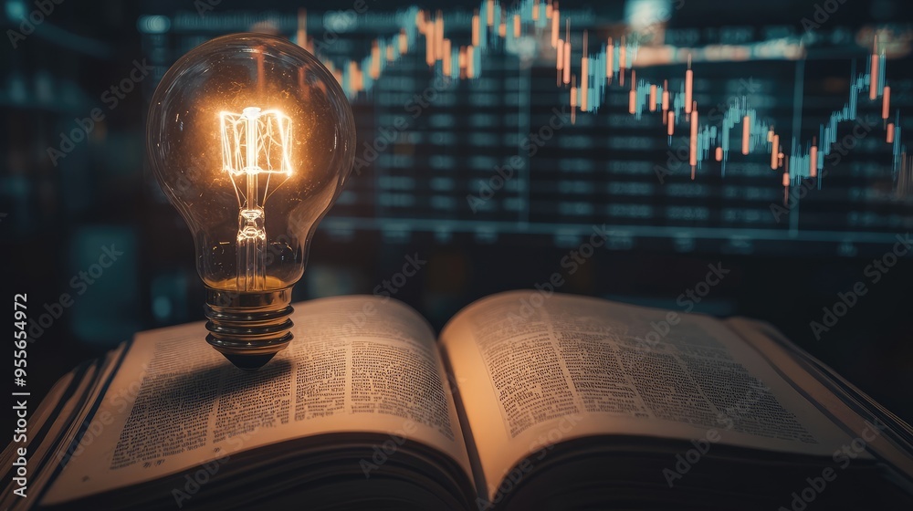 Illuminated Light Bulb Resting on an Open Book with a Stock Market ...