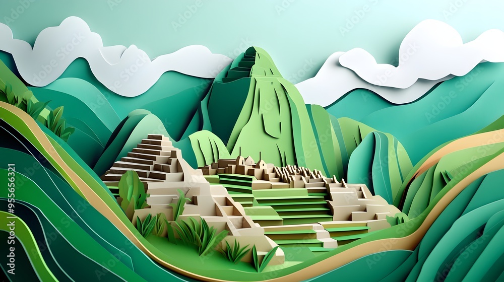 19. **Render a 3D paper cut of Machu Picchu with its ancient terraces ...