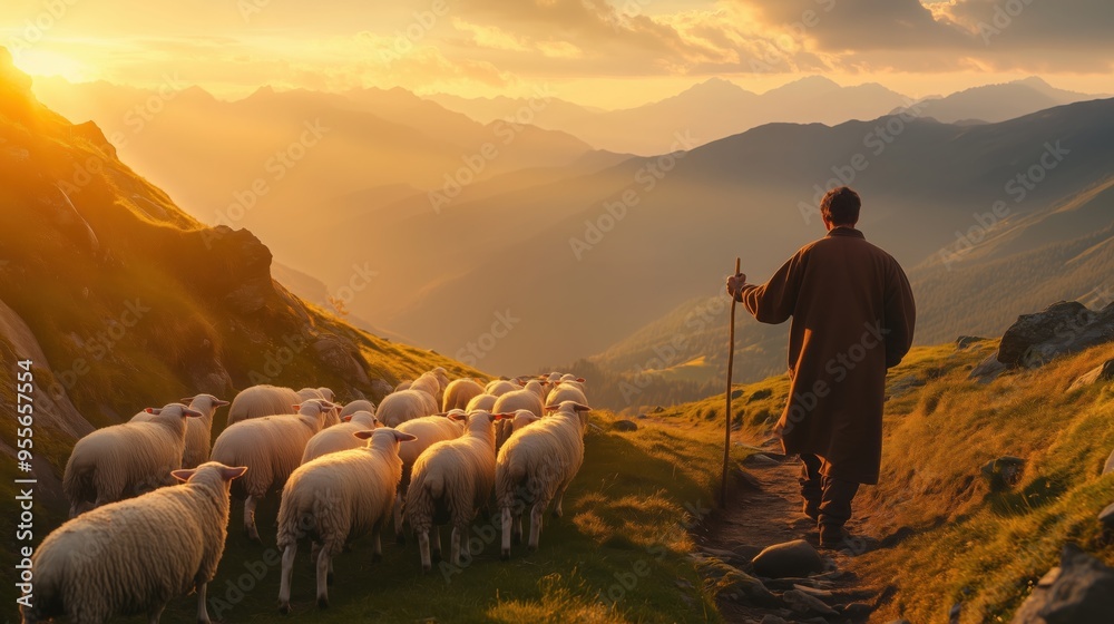 A shepherd guiding a flock of sheep down a mountain path at dusk, with ...