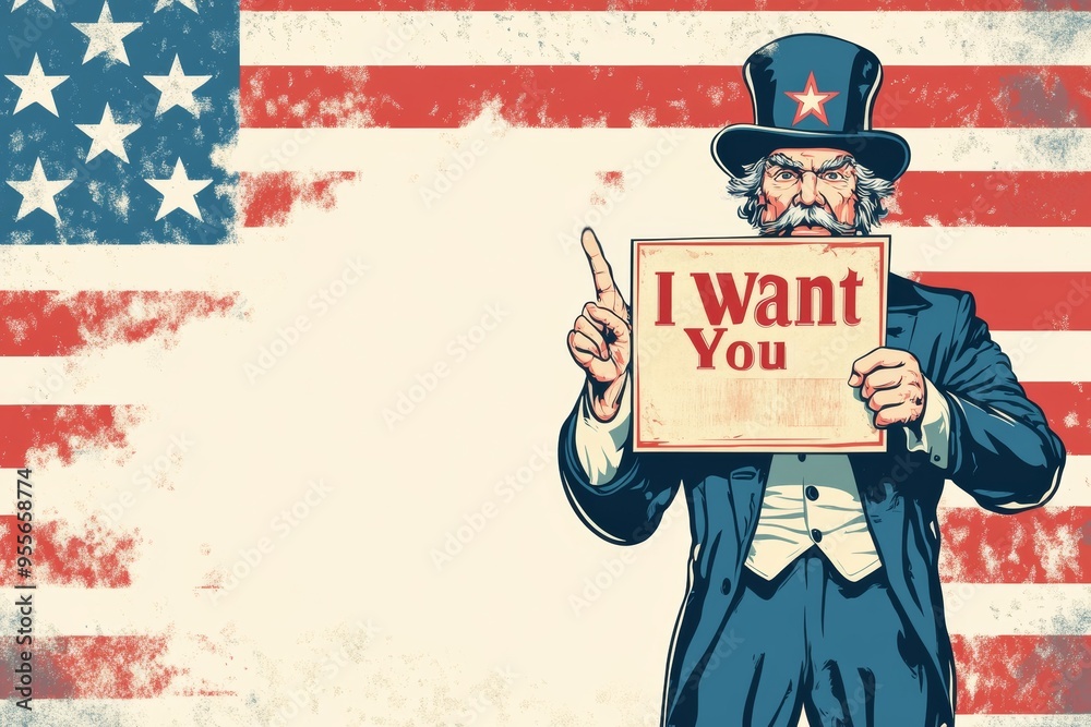 Flat illustration of Uncle Sam holding a vintage "I Want You ...