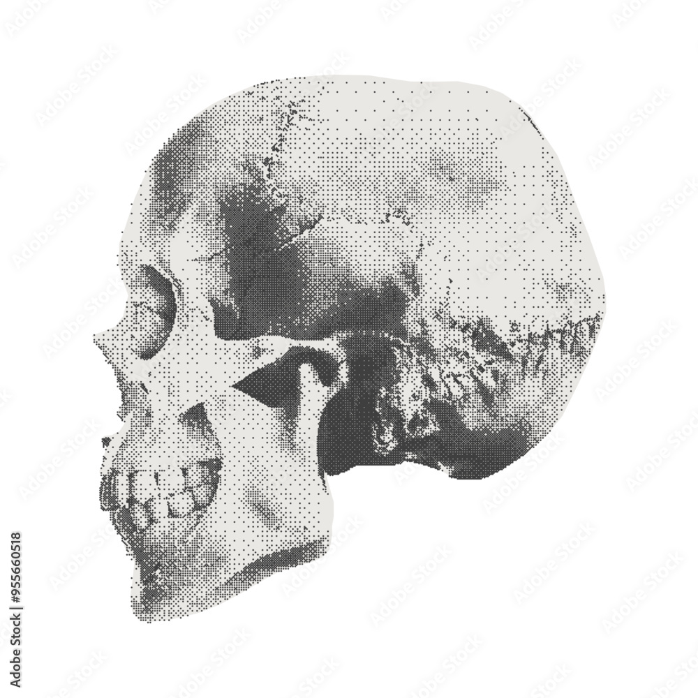 Monochrome human skull profile. Halftone collage element in retro ...