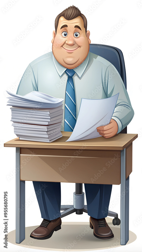 Funny corpulent official working with documents at his desk in an ...
