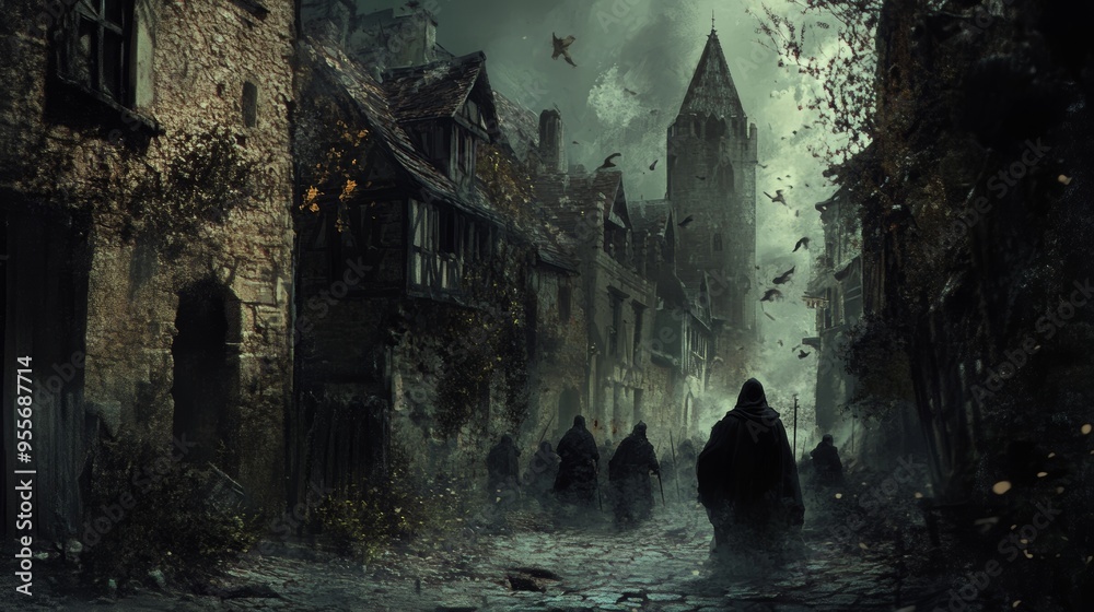 Artistic depiction of the Black Death, with dark, ominous visuals ...