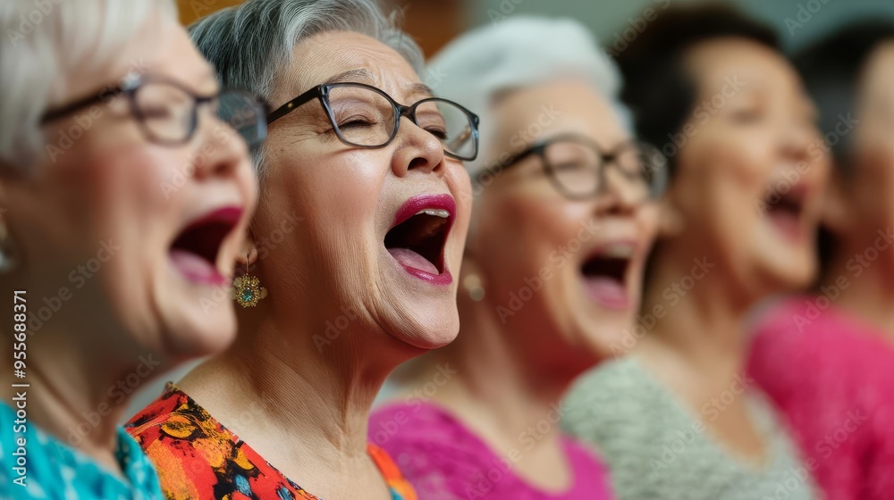Group of seniors attending a karaoke night, singing together, vibrant ...