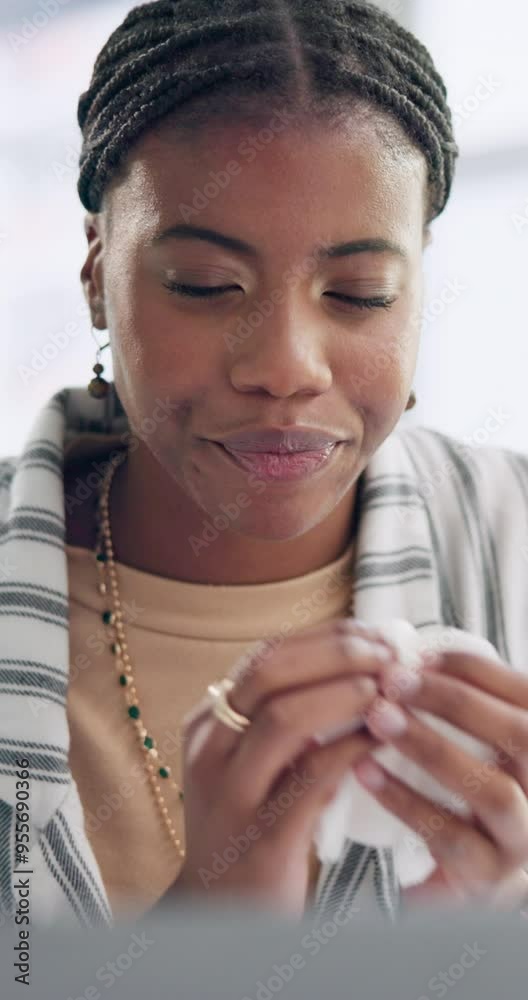 Black woman, business and blowing nose for sick in office with ...