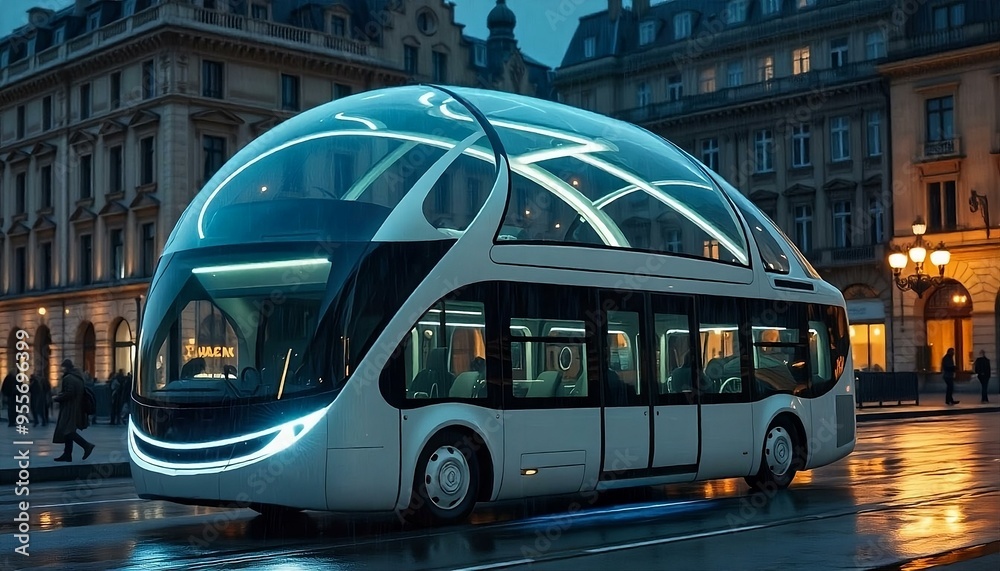 futuristic bus with transparent dome-shaped roof, traveling through a ...