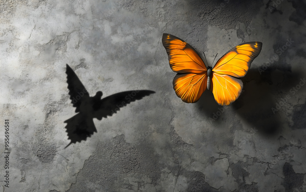 Butterfly casting shadow of an eagle on a grey background concept ...