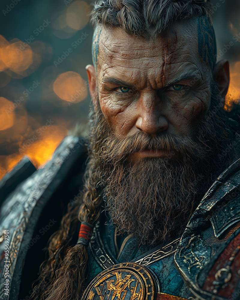 fierce dwarf male warrior with battle scars and a braided beard ...