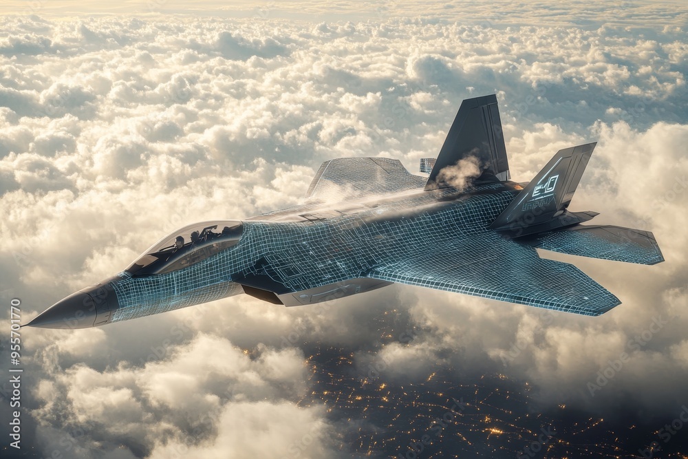 Futuristic f 20 fighter jet in flight against a misty sky with data ...