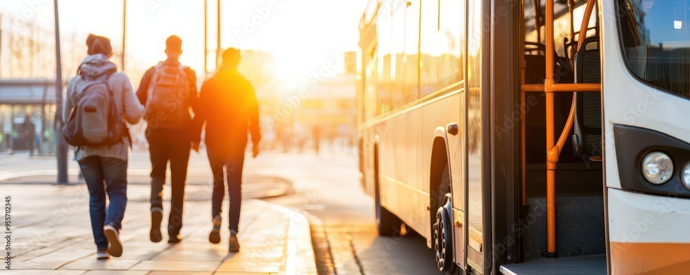 People boarding a bus with morning sunlight, Monday morning, commuting ...