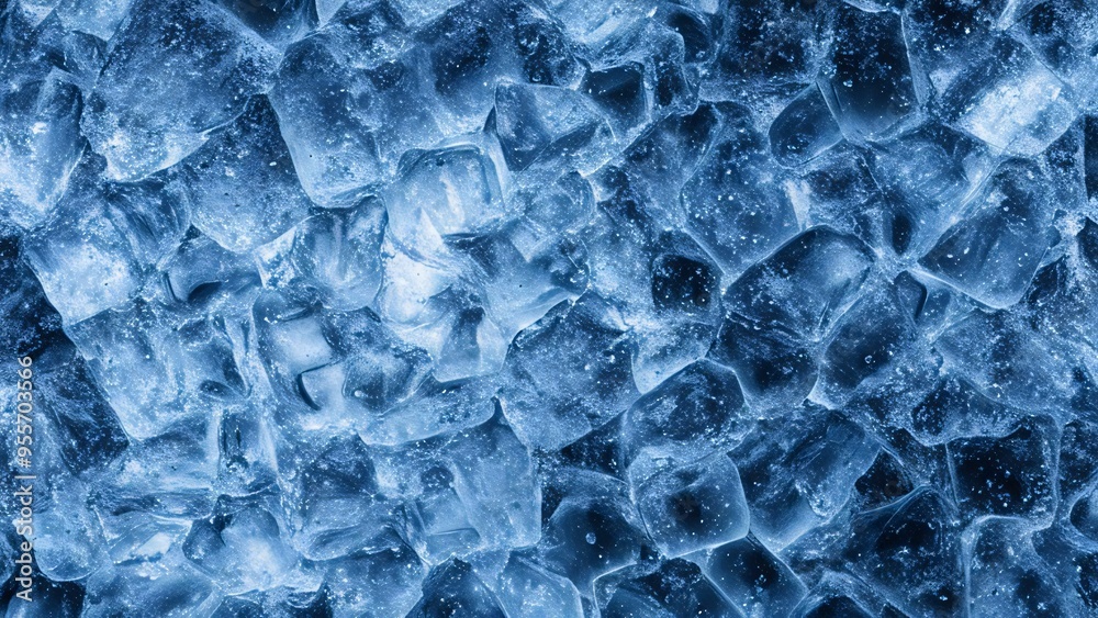 Frozen ice crystals on a dark blue background. Winter ice pattern ...