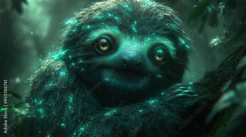 mystical dark fantasy sloth ethereal bioluminescent markings glowing ...