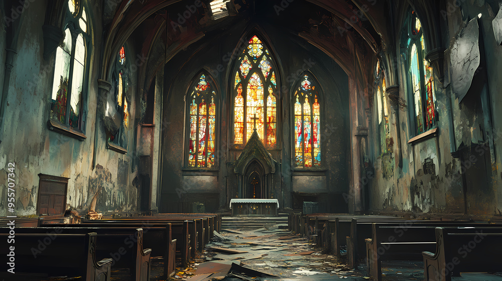 Creepy abandoned church with broken stained glass windows and fallen ...