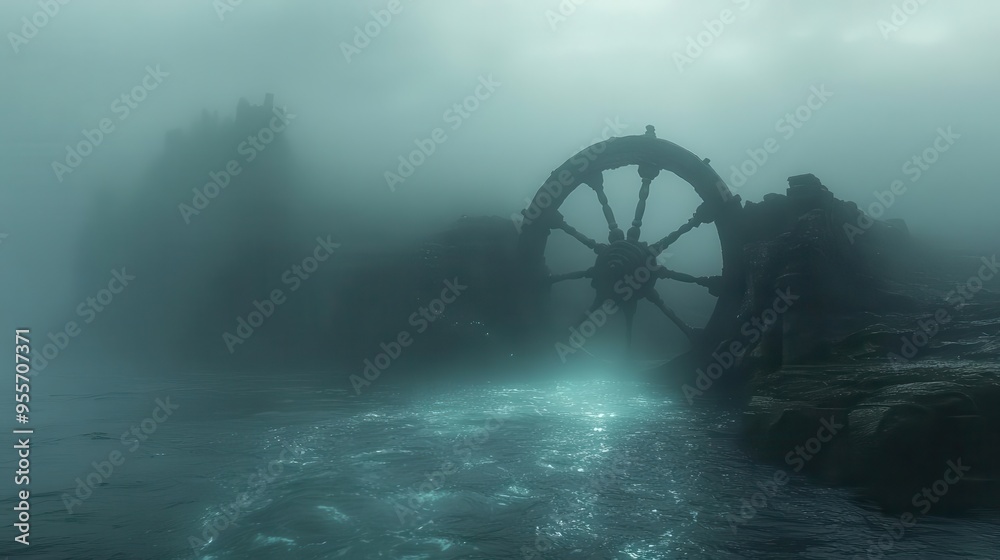 mythical nautical twilight ancient ships wheel emerges from misty ...