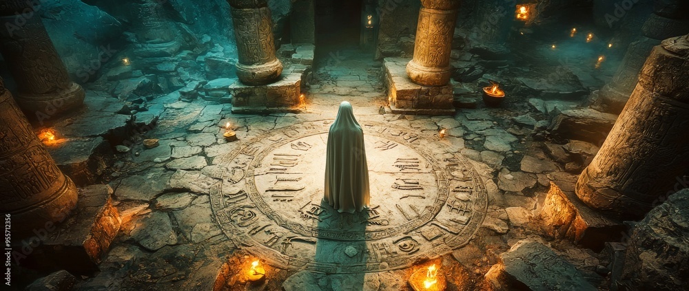 There is a mystical ceremony taking place in an ancient temple in dim ...