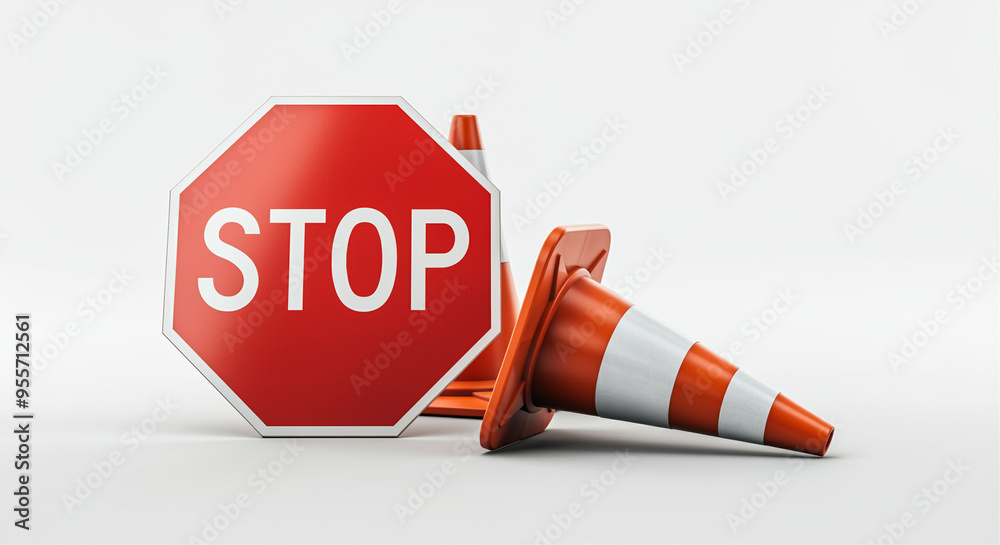 Stop sign and traffic cones on a white background for road safety and ...