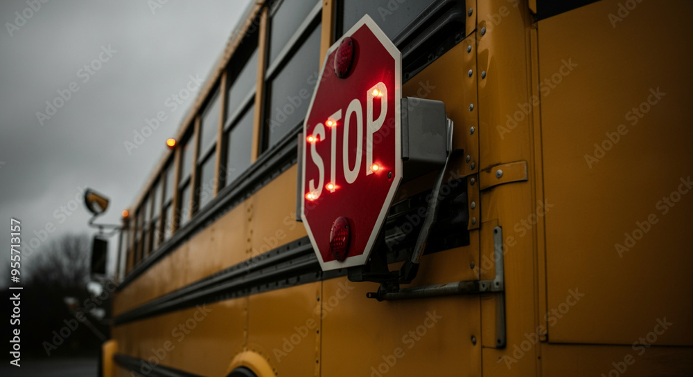 School bus with illuminated stop sign on rainy day at school zone Stock ...