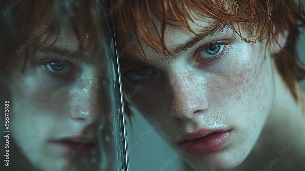 reflective portrait person gazing at mirror palpable sadness in eyes ...