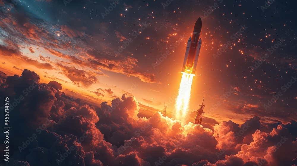 rocket launch at night fiery thrusters illuminate clouds spacecraft ...
