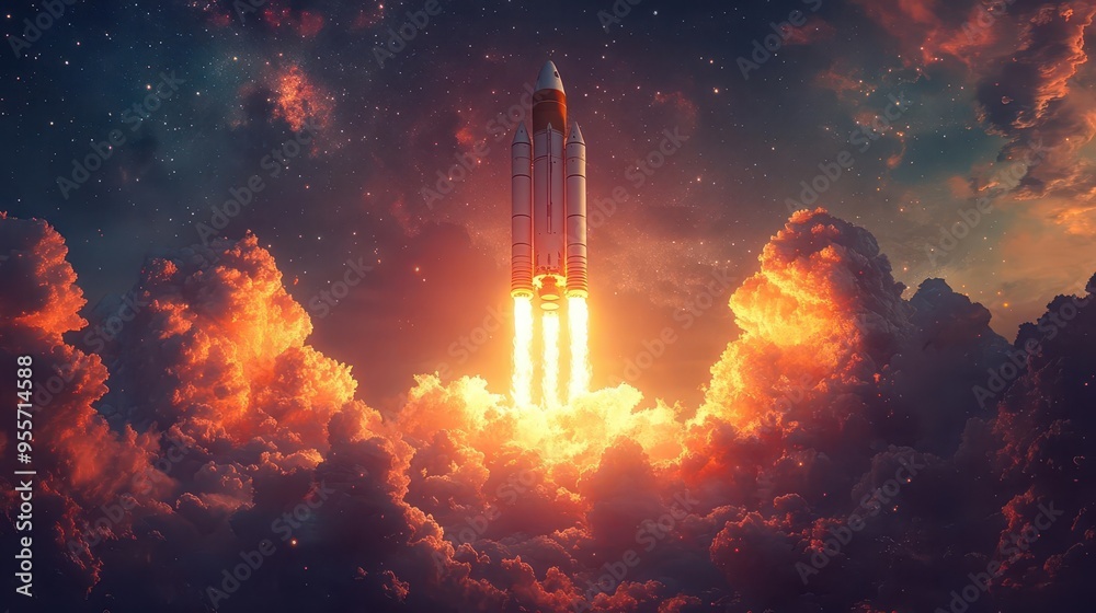 rocket launch at night fiery thrusters illuminate clouds spacecraft ...