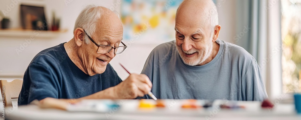 Elderly man engaging in an art activity with his caregiver, creative ...