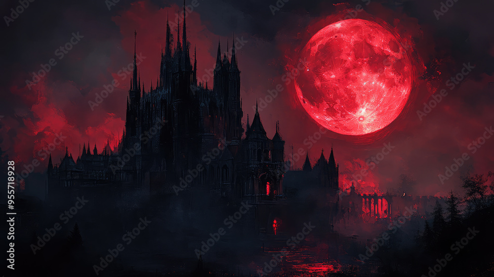 Blood moon rising over a gothic castle, with a vampire lurking in the ...