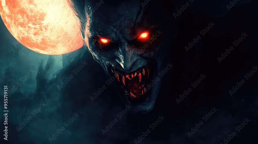 A terrifying image of a vampire's pale face bathed in the eerie light ...