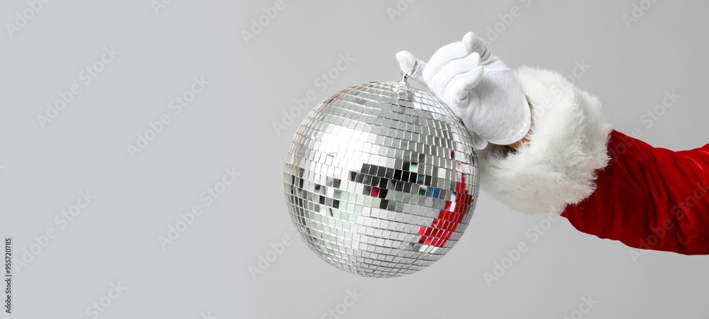 Hand of Santa Claus with disco ball on grey background with space for ...