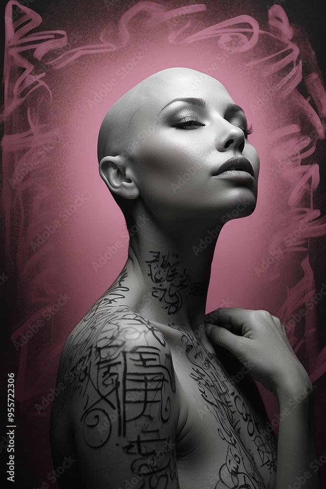 Bald woman fashion model posing in the studio. Calligraphy on the face ...