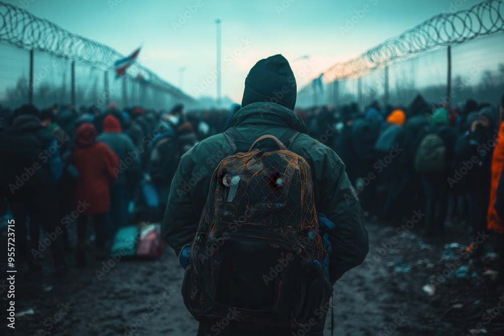 Refugees carrying bags and suitcases crowd at a border fence ...