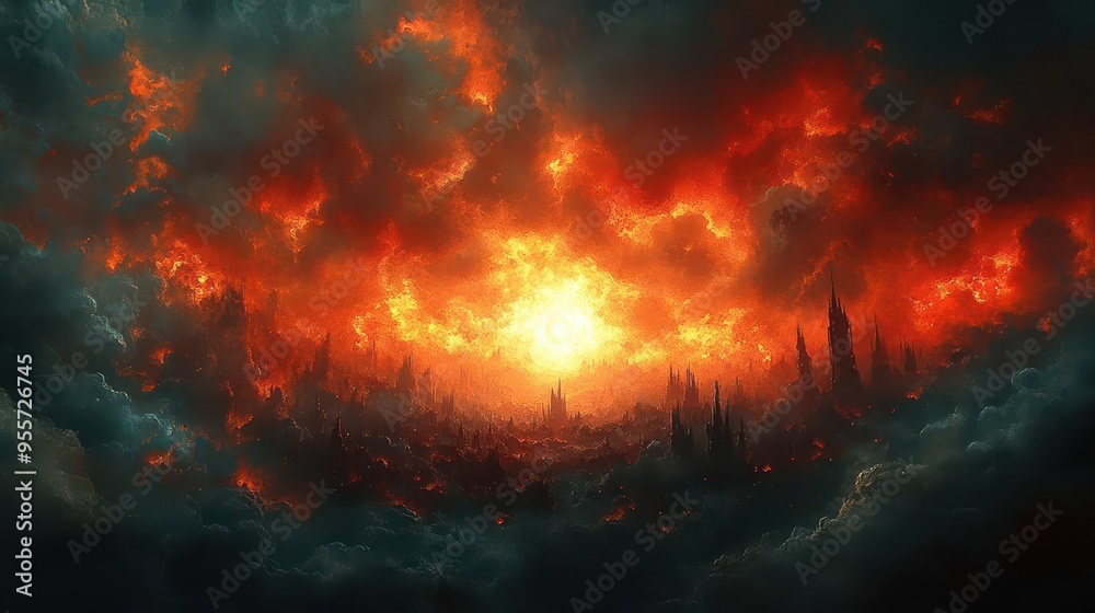 surreal hellscape illustration with fiery landscapes twisted structures and ominous sky dark ...