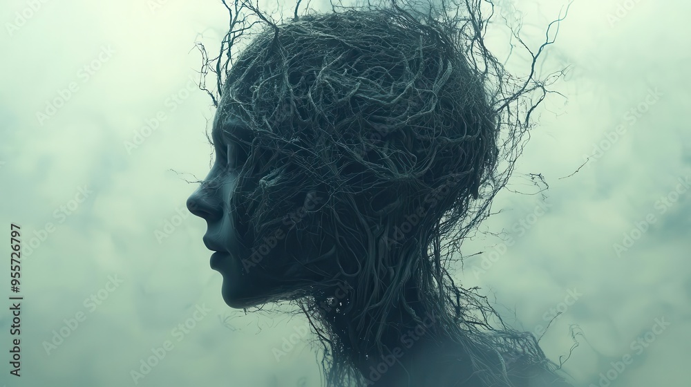 surreal illustration of a human head outline filled with intricate ...