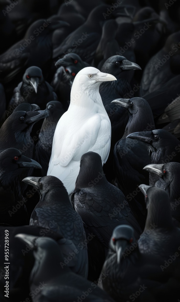 Uncommon sight - a white crow in a flock of black crows, illustrating ...