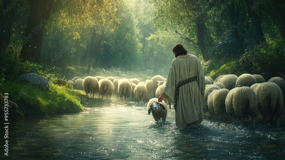 Jesus as a shepherd tends his sheep and saves a lost sheep at a river ...