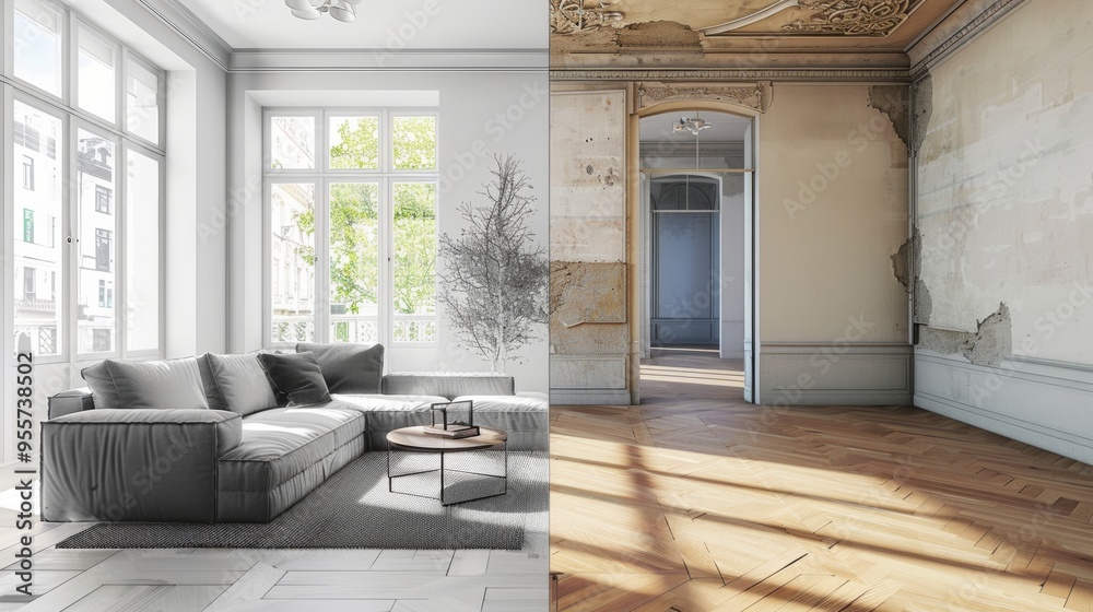 before and after an interior renovation of a house Stock Photo | Adobe ...