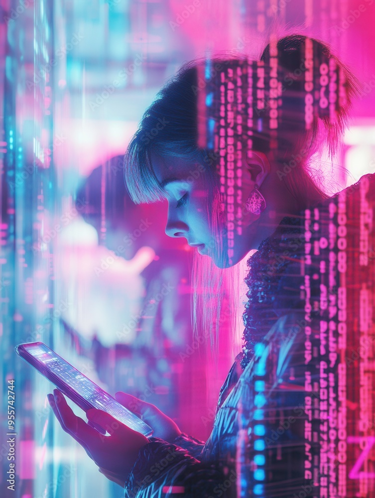 People stare intently at their smartphones, surrounded by glowing ...