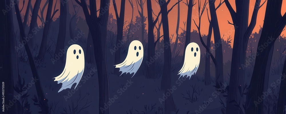 Eerie phantasms rising in the woods at nightfall, flat design, top view ...